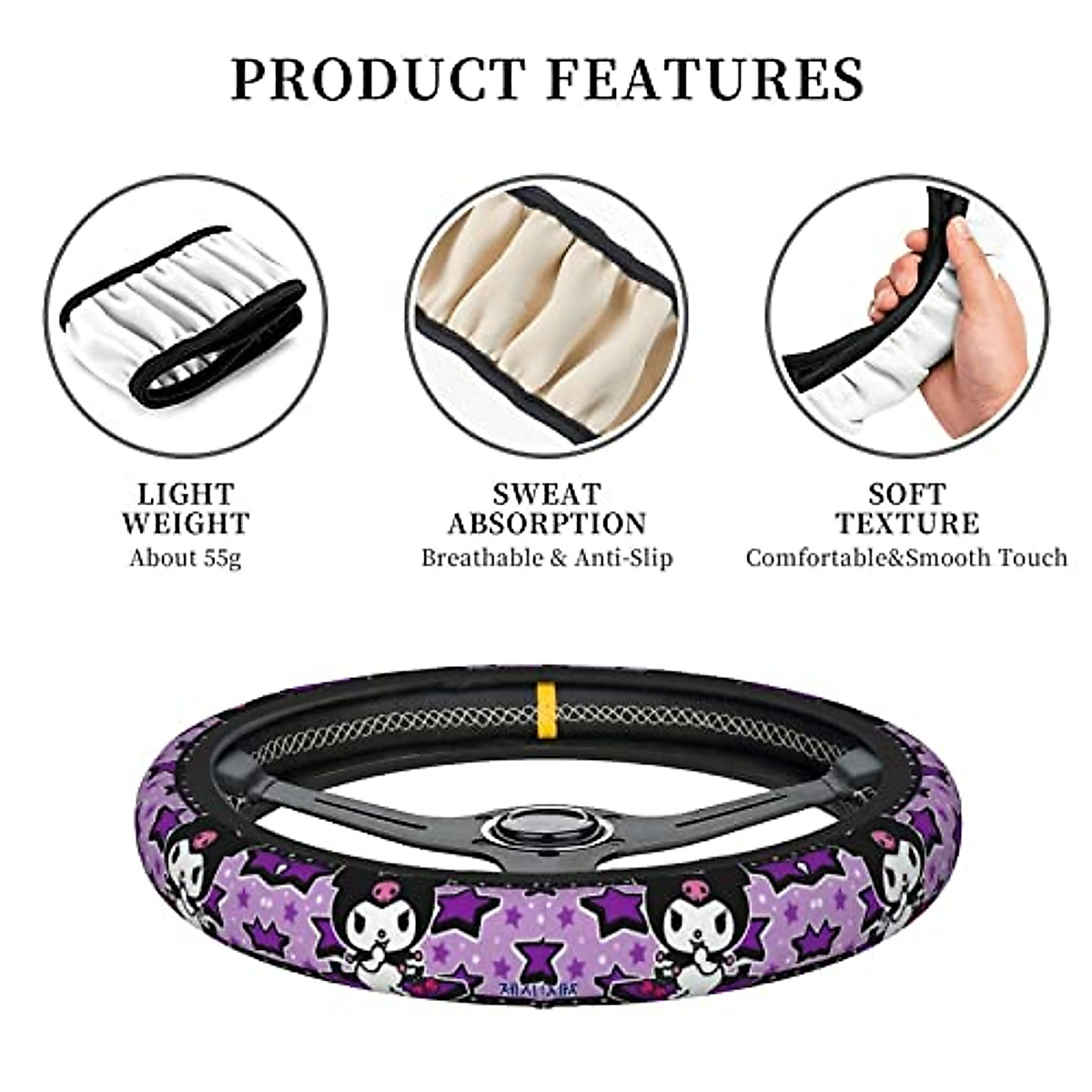Gearbest Cute Cartoon Kuromi Steering Wheel Cover Universal 15 in Car Accessories for Men Women,Steering Wheel Protector Comfortable Protective Case for SUV Sedan Decor