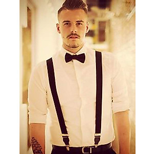 GUCHOL Suspenders Bow Tie for Mens and Women Heavy Duty Elastic Wide Suspenders Strong 4 Metal Clips Adjustable (Brown)