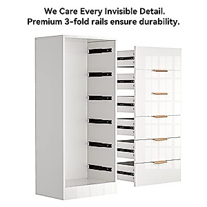 GipGiper Dresser for Bedroom with 6 Drawers, Tall White Dresser for Closet, Living Room, Nursery, Modern Storage Cabinet with Full High Glossy Panel, 13.7''D x 18.5''W x 43.3''H (Glacier White)