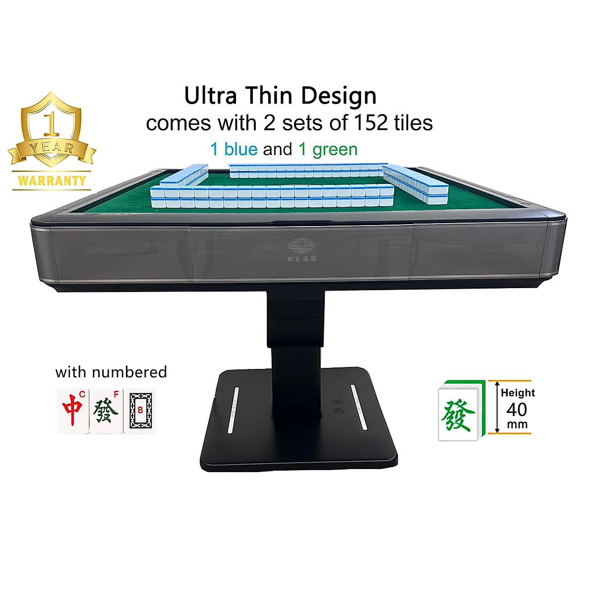 Gray Ultra-Thin Folding Automatic Mahjong Mah jongg Table 40mm American Mahjong Numbered Tiles Foldable Style + 4 Racks+ Hard Tabletop Cover