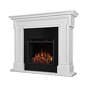 BOWERY HILL Traditional Solid Wood Electric Fireplace, Heater with Remote Control, Adjustable Led Flame, 1500W in White