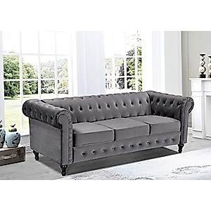 Container Furniture Direct Teressa Velvet Chesterfield Sofa for Living Room, Apartment or Office, Three Seater Mid Century Modern Couch, 82" W, Gray