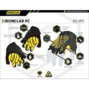 Ironclad PC Gaming Gloves, Precision Fit, Performance Silicone Grip, Moisture Wicking Construction, 1 Pair, ES-IPC-04-L, Black/Yellow, Large