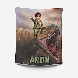 Dinosaur Photo Blanket, Custom Blankets with Your Face, Personalized Photo Gifts for Him, Custom Dino Gift for Boys Men, Kids Photo Blanket, Customized Minky Throw Blanket for Bed Sofa 50 x 60 L71
