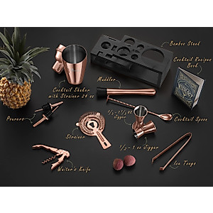 ROCKSLY MIXOLOGY BAR Set Premium Bartender Kit, Rectangular Tool Stand, Cocktail Shaker Strainer, Jiggers, Spoon, Tongs, Muddler, Pourers, Opener 10 Pc