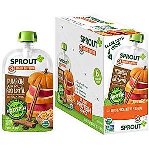Sprout Organic Baby Food, Stage 3 Pouches, Pumpkin & Red Lentil Plant Powered Protein, 4 Oz Purees (Pack of 6)