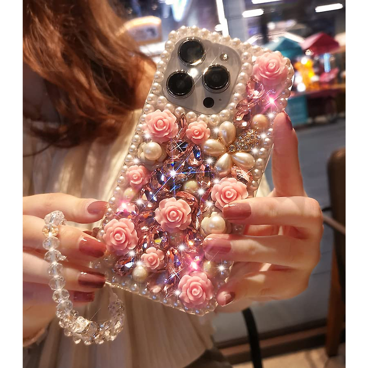 redecarie for Galaxy S9 Plus Case,Women Girls Luxury Fashionable Crystal Gemstone Roses Rhinestone Bling Glitter Diamond Bumper Clear Phone Cover with Wrist Strap for Samsung Galaxy S9 Plus