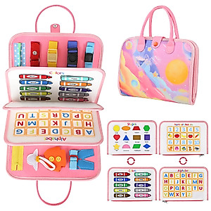 matiugod Toddler Busy Board for 3+ Years Old, Montessori Sensory Toys to Learning Fine Motor Skills - Educational Travel Toys for Toddlers Car Airplane (Pink)