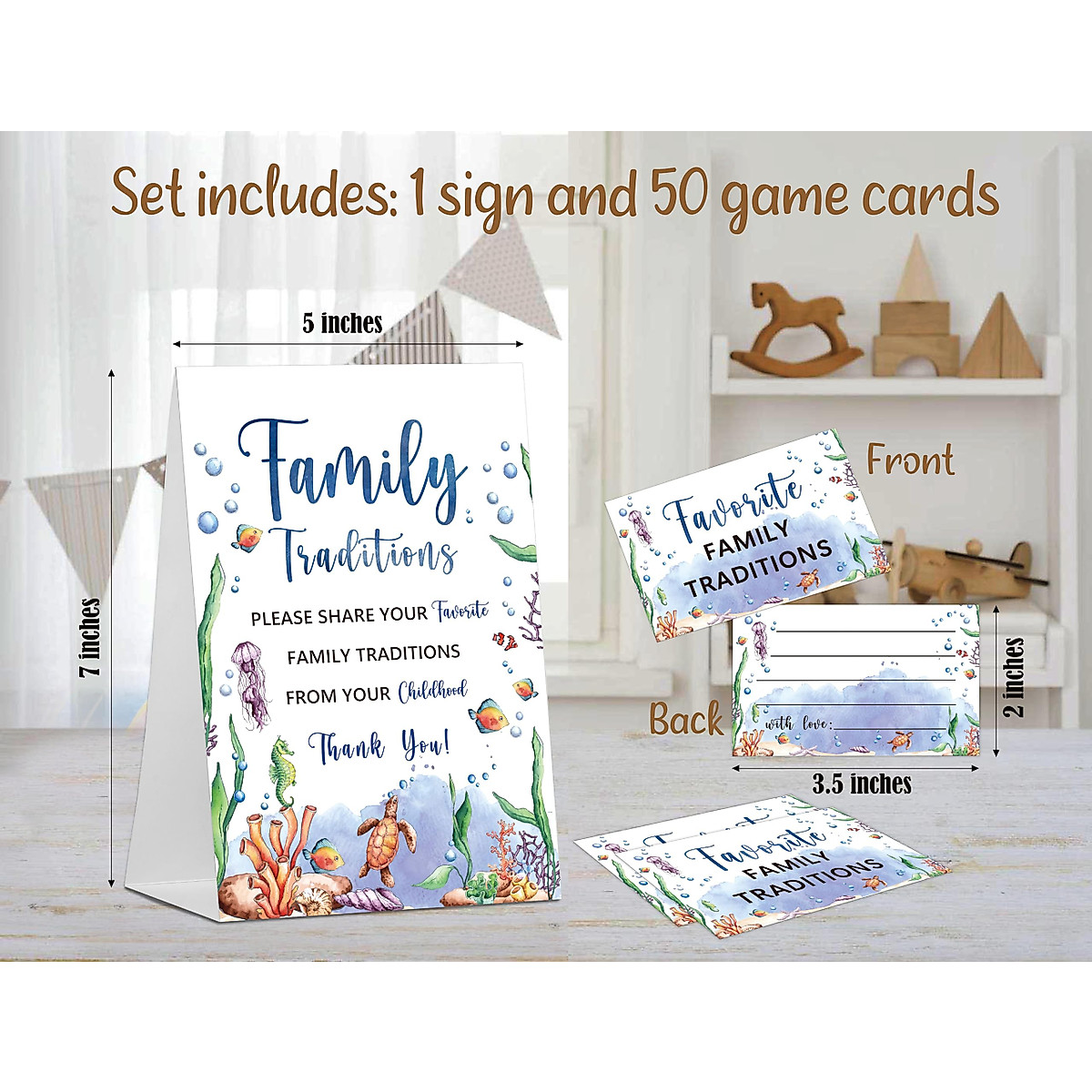 Baby Shower Games Family Traditions Sign, 1 Standing Sign and 50 Cards, Ocean Under The Sea Gender Neutral Decoration, Gender Reveal Party, Bridal Shower Favor Supplies-LT58