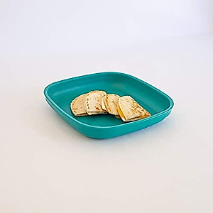 Re-Play Made in USA 7" Toddler Plates, Set of 4 Without Lid - 22 Oz. Deep-Walled and Stackable Plastic Plates, Dishwasher and Microwave Safe - 7.37" x 7.37" x 1.25" Kids Plates, True Blue