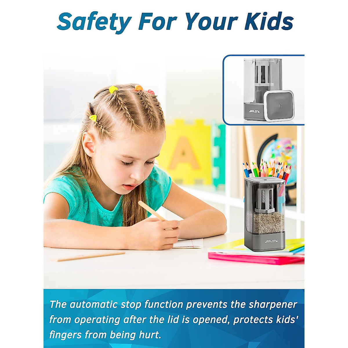 JARLINK Electric Pencil Sharpener, Auto Stop AC Adapter Operated Sharpener for No.2/Colored Pencils(6-8mm), Portable for School Classroom/Office/Home