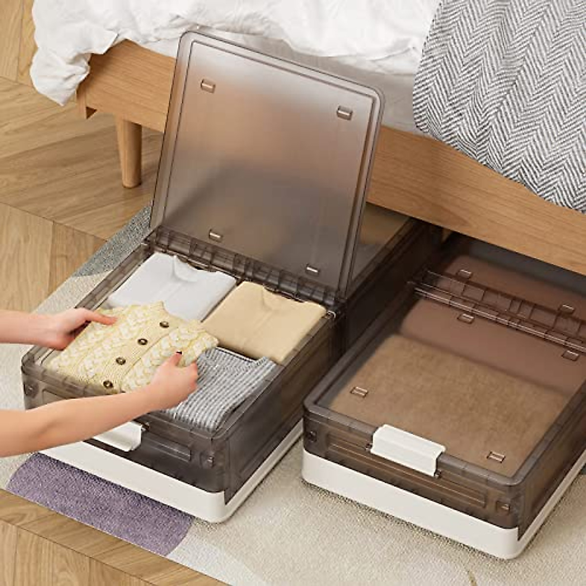 XIYAO 2 Pack under bed storage containers with wheels,60Qt plastic Stackable Collapsible storage bins with Dual-Hinged Lids for Bedroom Clothes Shoes Blankets(6.9" H)