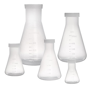 Peohud Set of 10 Scientific Plastic Erlenmeyer Flasks, Narrow Mouth Erlenmeyer with Screw Caps, Lab Erlenmeyer Flask with Molded Graduations(50ml, 100ml, 250ml, 500ml, 1L)