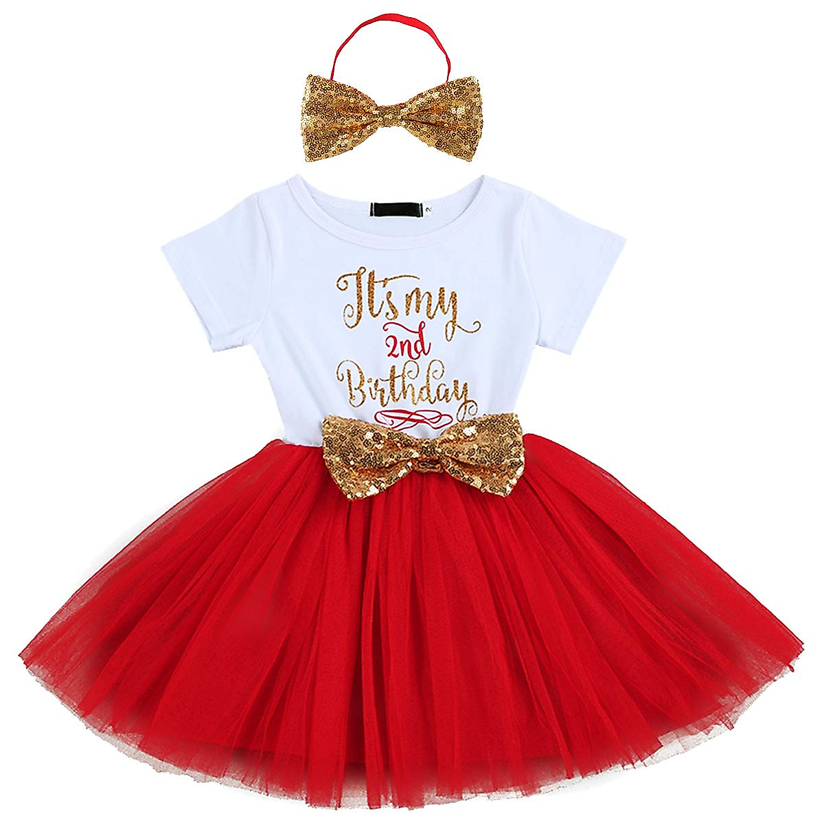 Kids Girl Princess It's My 1st/2nd Birthday Party Cake Smash Boutique Outfit Sequin Bow Tie Tulle Tutu Dress Clothes Gold Headband+Red(2 Years)