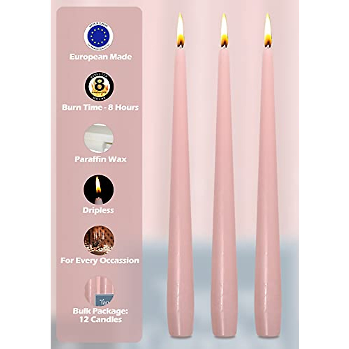 Hyoola Tall Taper Candles - 10 Inch Light Pink Unscented Dripless Taper Candles - 8 Hour Burn Time - 12 Pack
