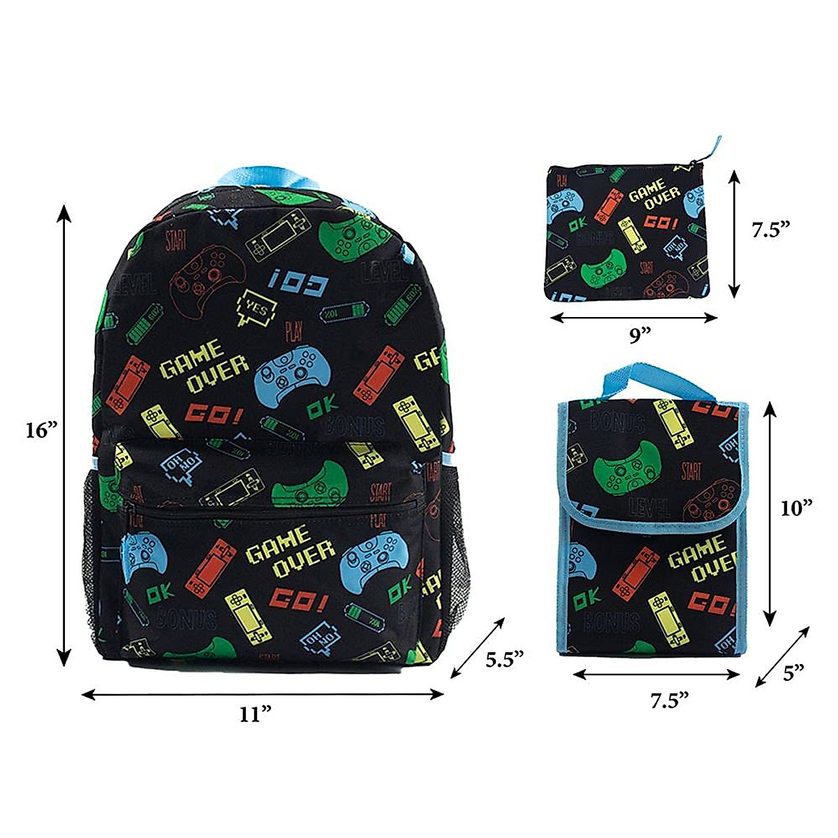 RALME Gaming Backpack Set for Kids, 16 inch, 6 Pieces - Includes Foldable Lunch Bag, Water Bottle, Key Chain, & Pencil Case