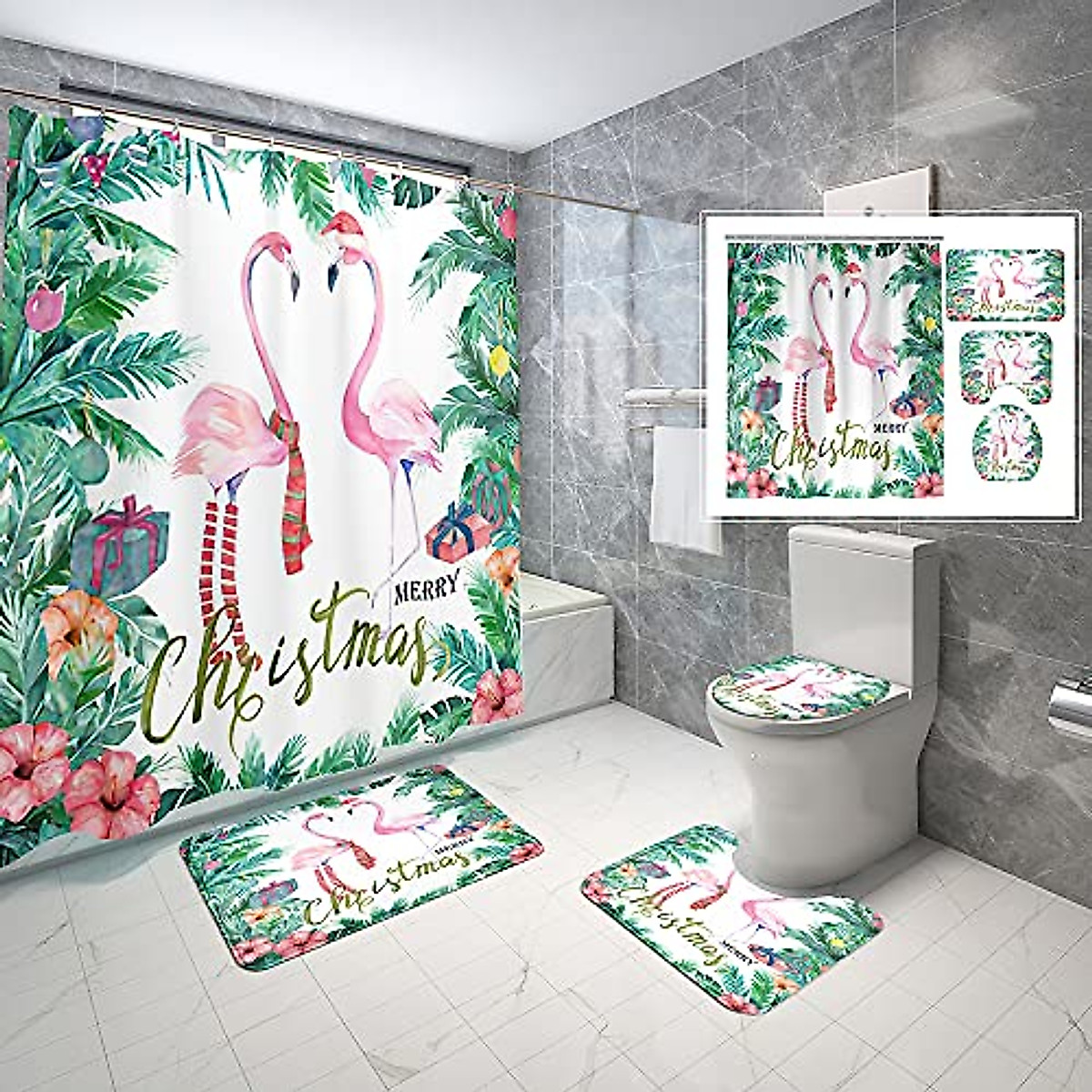 4 Piece Flamingo with Santa Hat Shower Curtain Waterproof Christmas Tropical Frame Watercolor Palm Tree Flamingo Bathroom Sets with Non-Slip Rugs, Toilet Lid Cover and Bath Mat with Standard Size