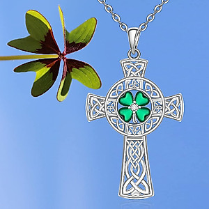 St Patricks Day Necklace Shamrock Necklace Celtic Cross Four Leaf Clover Necklaces for Women Sterling Silver Irish Shamrock Pendant Green 4 Leaf Clover Jewelry Lucky Gifts