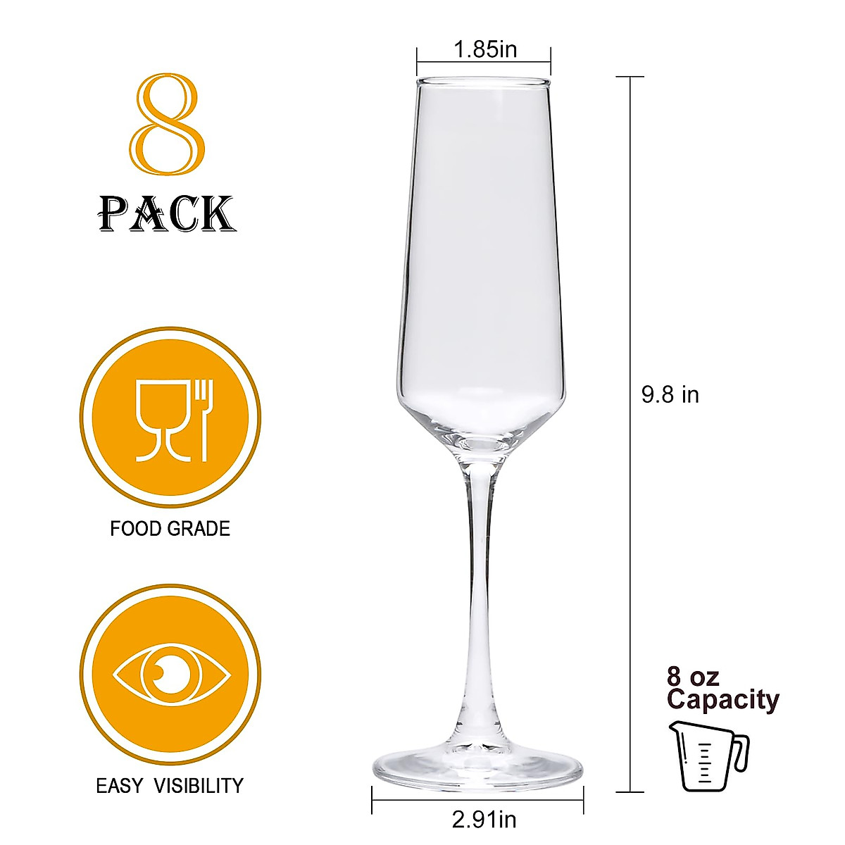Ufrount Champagne Glasses Set of 8,Elegant 8oz Champagne Flutes,Clear Sparkling Champagne Flutes Glass Mimosa Glass for Prosecco,Restaurant,Wedding,Party,Anniversary