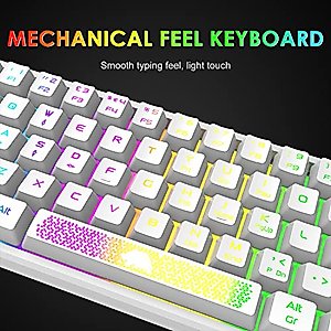 60% Gaming Keyboard and Mouse,Rainbow LED Backlit Gaming Keyboard with Wired Mini Portable Ergonomic 2400 DPI Ultralight Gaming Honeycomb Shell Mouse,Mouse Pad for Windows PC Gamers(White)