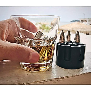 WHISKEY STONES EXTRA LARGE 6 PCS. STAINLESS STEEL SILVER BULLETS with Revolver Barrel Base Laser Engraved Ice Cubes Chillers Reusable Chilling Rocks Stone Gift Set for Men Father's Day Military Man.