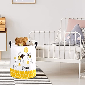 Personalized Laundry Basket Hamper,Bee Honeycomb Yellow,Collapsible Storage Baskets with Handles for Kids Room,Clothes, Nursery Decor