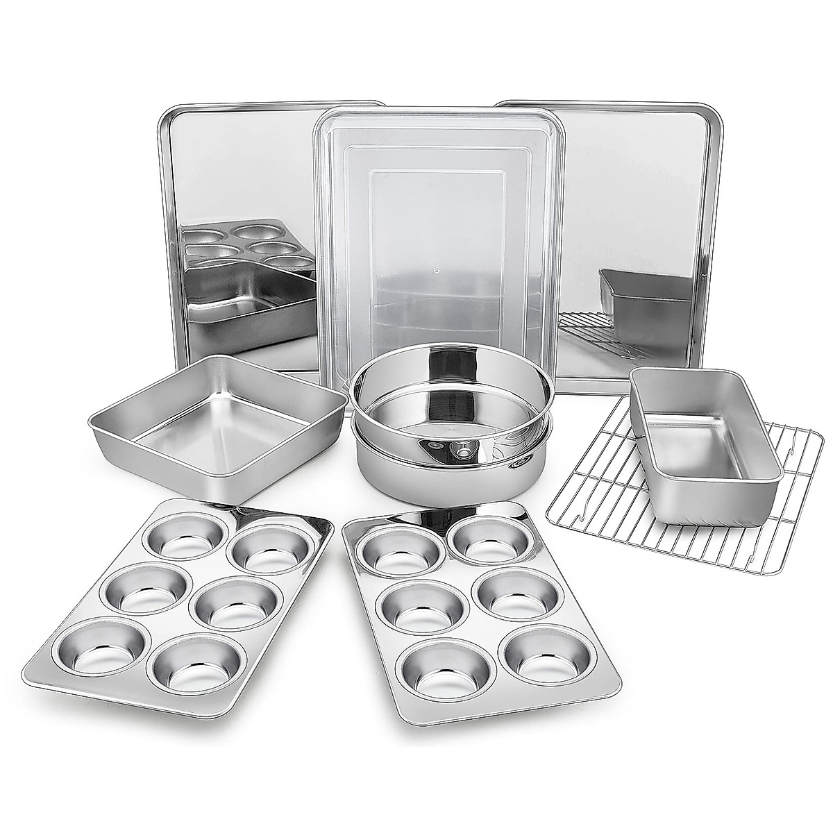 P&P CHEF Bakeware Sets of 11, Stainless Steel Baking Pans Set, Includes Baking Sheets and Rack, Lasagna Pan with Lid, Round/Square Cake Pan, Muffin Pans, Loaf Pan, Reusable & Durable