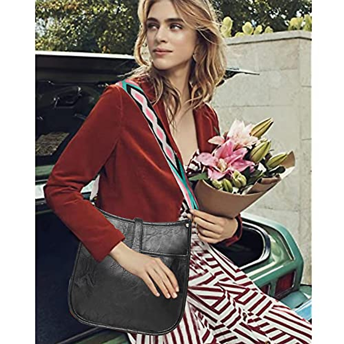 JRNDNIUO Crossbody Bag for Women Designer Thick Strap Bags for Women Adjustable Guitar Strap Purse Shoulder Bucket Bags