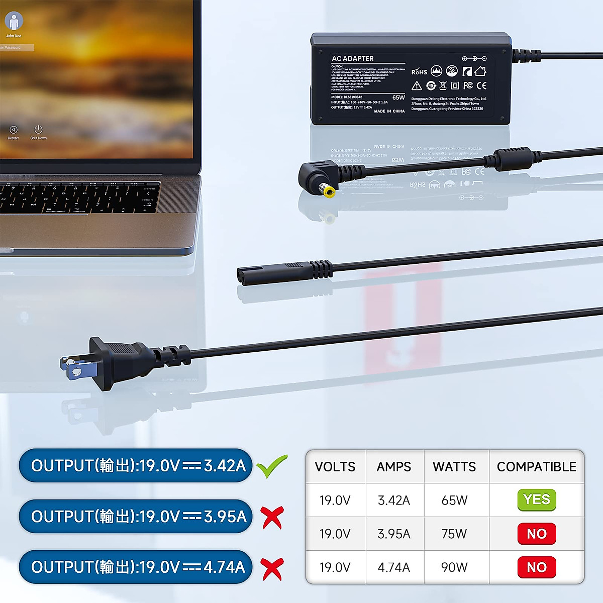 19v 3.42A 65W Laptop Charger AC Adapter for Toshiba Satellite C55 B5201 C655 C850 C50 L755 C855D L655 S5150 L745 P50 C55D S55 Portege Z30 Z930 Z830 Satellite Radius 11 14 15 AC DC Power Supply Cord