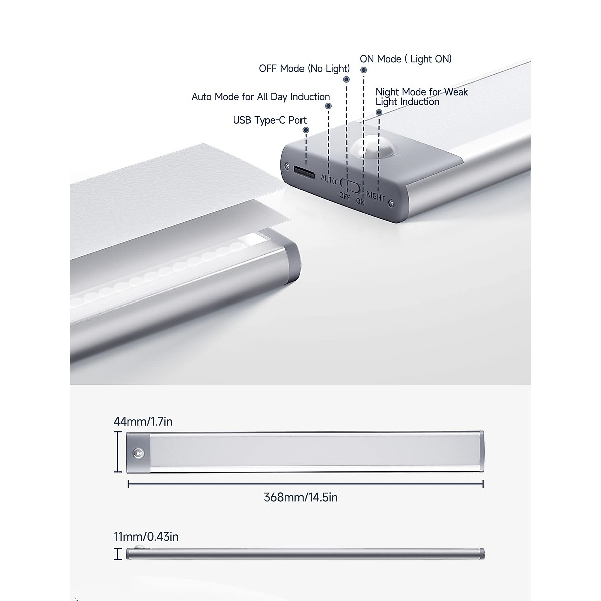 YIGER 2 Packs Under Cabinet Lights, 2000mAh Rechargeable 62 LED White Lighting, Wireless Motion Sensor Light Indoor,4 Modes Night Light, Stick-On Magnetic Closet Lights for Kitchen, Hallway