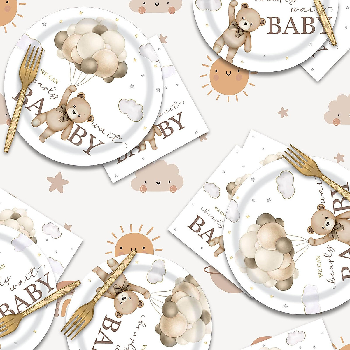 We Can Bearly Wait Bear Baby Shower Party Supplies Serves 24, Includes Plates, Napkins, Forks, Brown Nude Party Tableware Set for Boy Girl, Total 96PCS