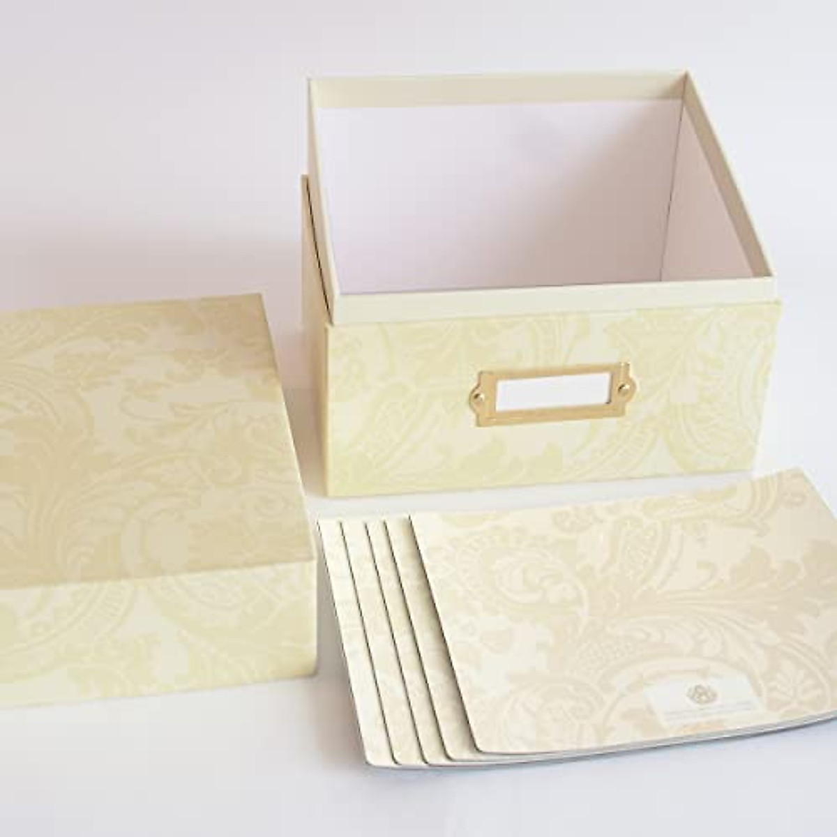 Anna Griffin Die Storage Box - Ivory Damask - 9" x 6.5" x 7" Elegant Box Set & Magnetic Storage of Craft Dies - Die Organizer Set of 10 Sleeves with Pockets, Tab Dividers, 36 Labels & 10 Magnets
