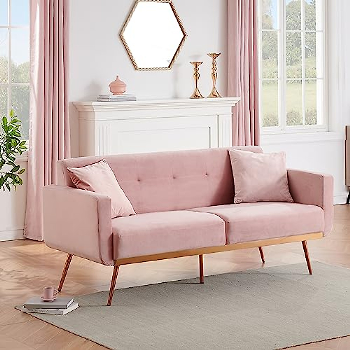 Velvet Futon Sofas Bed and Couch,70 Inches Long, Mid Century Modern Couch Tufted Back Sofa , 2 Throw Pillows, Armrest, 5 Metal Tapered and Wooden Legs for Living Room, Apartment, Bedroom (Pink)