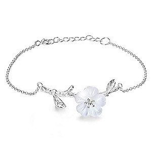 Lotus Fun S925 Sterling Silver Bracelet Simulated Crystal Flower in the Rain Adjustable Bracelets with Chain length 6.5''-8.66'', Handmade Unique Jewelry for Women and Girls (Transparent)