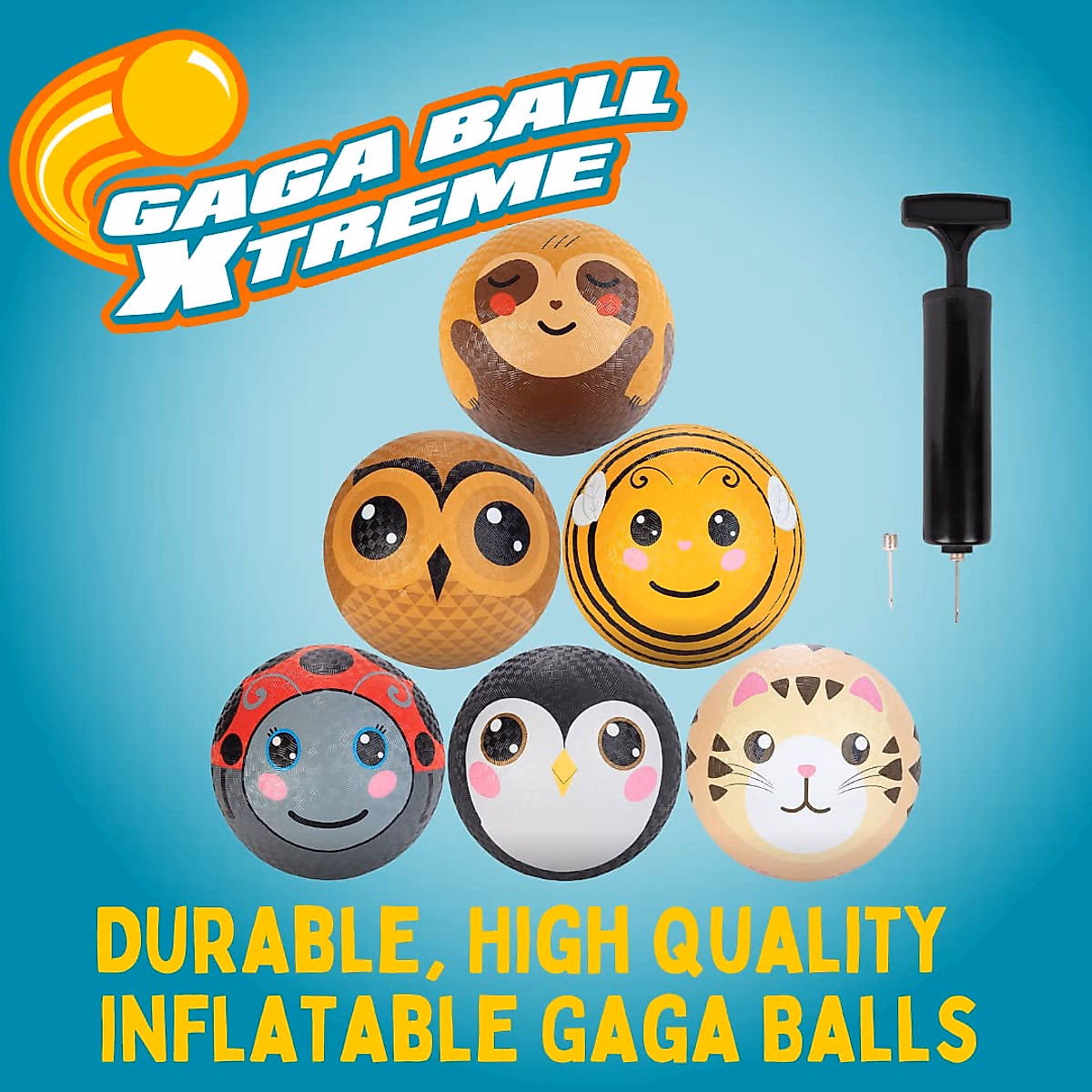 Gaga Ball Xtreme 6 Pack - 8.5 Inch Animal Playground Balls w Air Pump - Durable Rubber Balls for Kickball, Dodge Ball, Handball, Four Square, Camp, Kids Party Games - Great for Outside Summer Play