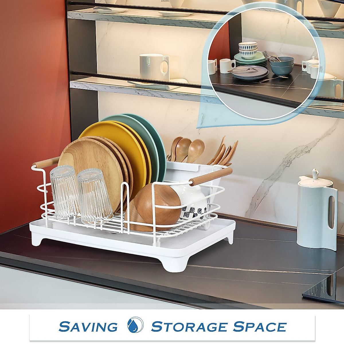 BRIAN & DANY Dish Drying Rack, Dish Racks for Kitchen Counter, Stainless Steel Dish Drainer with Cutlery Holder & Drainboard, 15.5"x 11.8"x 8.58", White