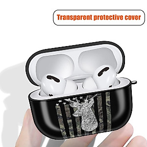 Deer Camo Camouflage American Flag Hunting AirPods Case Cover for AirPods Pro, Wireless/Wired Charging Protective AirPods Pro Case with Keychain, Black