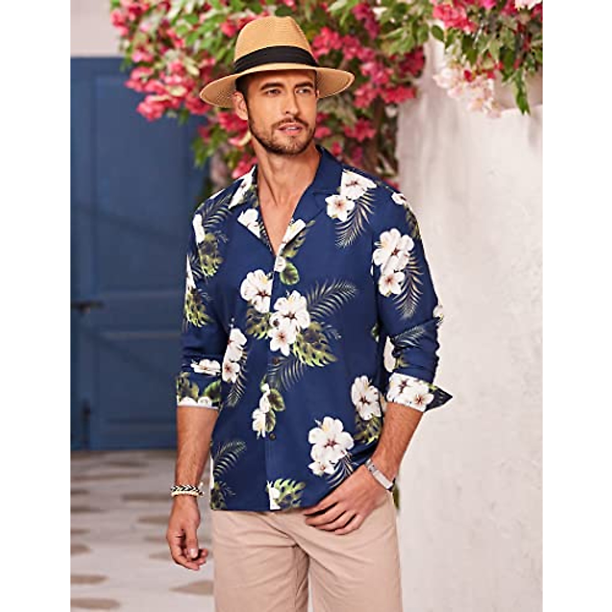 COOFANDY Men Hawaiian Shirts Flower Long Sleeve Beach Shirt Relaxed Fit Tropical Button Up Shirt for Summer Navy Blue XXL
