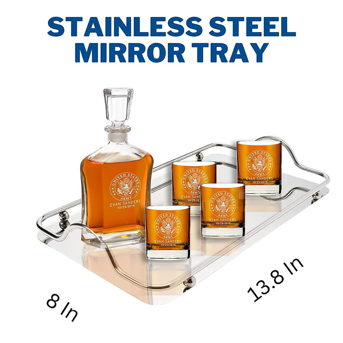 Personalized Whiskey Decanter Sets - For Military, Army, Navy, Air Force, Coast Guard, Marine - Active, Retired - Gift for Husband, Dad, Son - Custom Engraved Name, Rank, Date