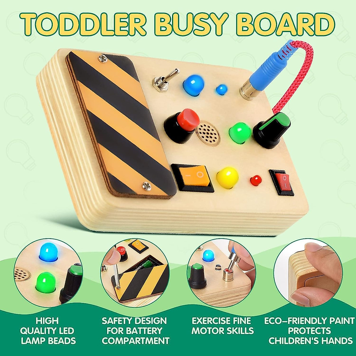 POLKRANE Toddler Montessori Travel Toys - Wooden Busy Board with LED Light,Switch Toy for Baby Sensory Play, Educational & Learning Toys for Kids (1+), Perfect Travel Toy,Gifts for 1-3 Year Old Kids