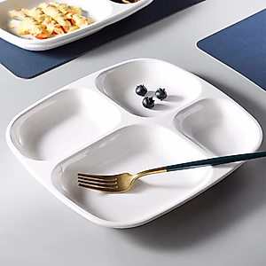 HOMEREFROM 8 Pcs -10.2”Meal Trays Melamine Compartment Dessert/Salad Plates, 4 Section Compartment Divided Plates, melamine platter,Salads, noodles, burgers,Safe for Dishwasher (White)