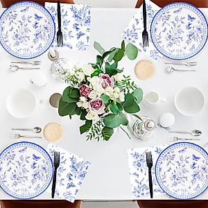 60Pcs Blue White Floral Party Supplies Flower Tableware Set 7"Blue and White Paper Plates and Blue White Floral Napkin Fork for Bridal Shower Wedding Tea Party Floral Birthday Party Decoration Serve20