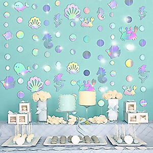 59 Ft Ocean Collection Mermaid Garland Party Decoration,Little Mermaid Party Decorations, Mermaid Birthday Decorations,Iridescent Mermaid Garland Baby Shower Under The Sea Party Decorations Pearl Holographic Paper Streamer for Little Mermaid