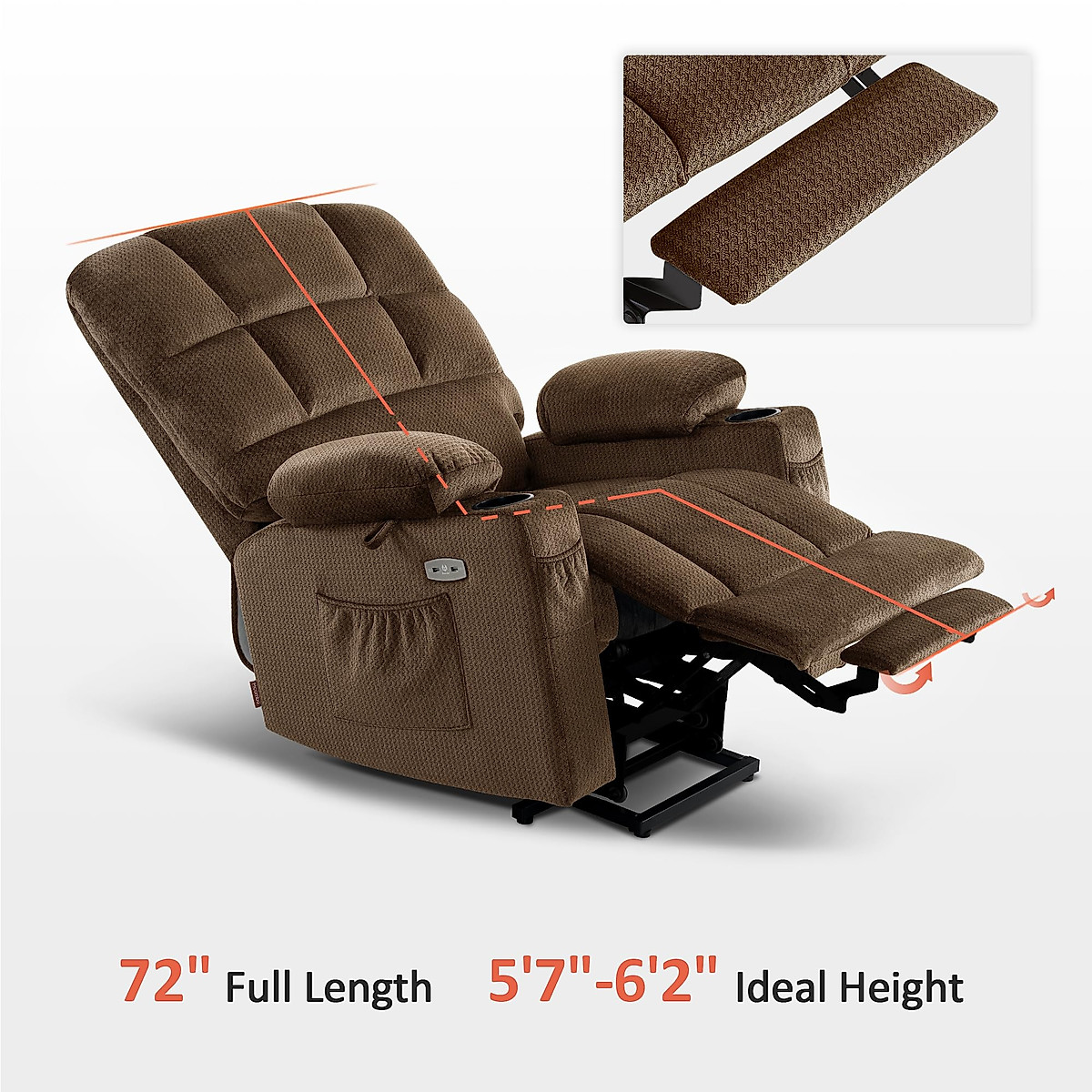 MCombo Large Lay Flat Dual Motor Power Lift Recliner Chair Sofa with Massage and Heat for Elderly People, Infinite Position, Fabric 7680 (Large-Regular, Brown)