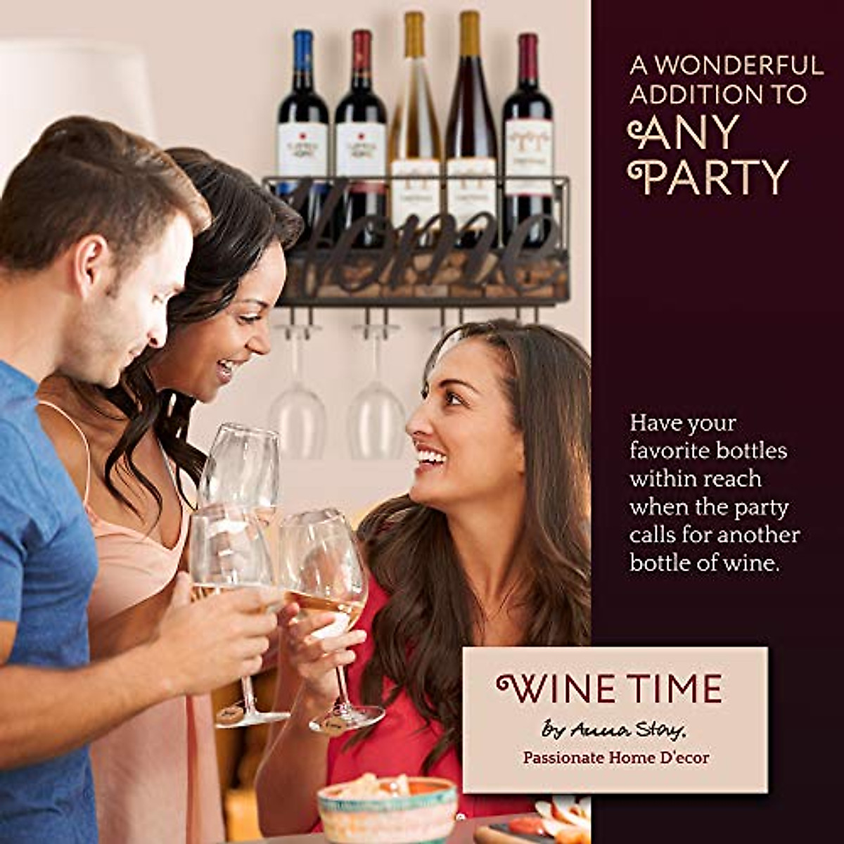 Anna Stay Wine Rack Wall Mounted - Decorative Wine Rack with Wine Glass Holder, Wall Mounted Wine Rack inc Cork Storage & Wine Charms, Wine Gifts with Wine Bottle Holder for Wine Decor