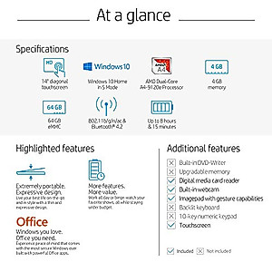 HP Stream 14-Inch Touchscreen Laptop, AMD Dual-Core A4-9120E Processor, 4 GB SDRAM, 64 GB eMMC, Windows 10 Home in S Mode (Renewed)