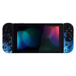 eXtremeRate DIY Replacement Shell Buttons for Nintendo Switch, Soft Touch Back Plate for Switch Console, Custom Housing Case with Full Set Buttons for Joycon Handheld Controller - Blue Flame Skull