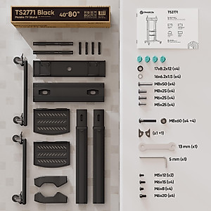 ONKRON Mobile TV Stand with Wheels Rolling TV Stand for 40-80 Inch LED LCD Flat or Curved Screen TVs up to 122 lbs - Height Adjustable TV Cart with Shelves - Portable TV Stand (TS2771) Black