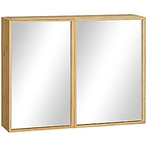 kleankin Bamboo Bathroom Medicine Cabinet, Wall Mounted Storage with Mirrors, Shelves, Natural