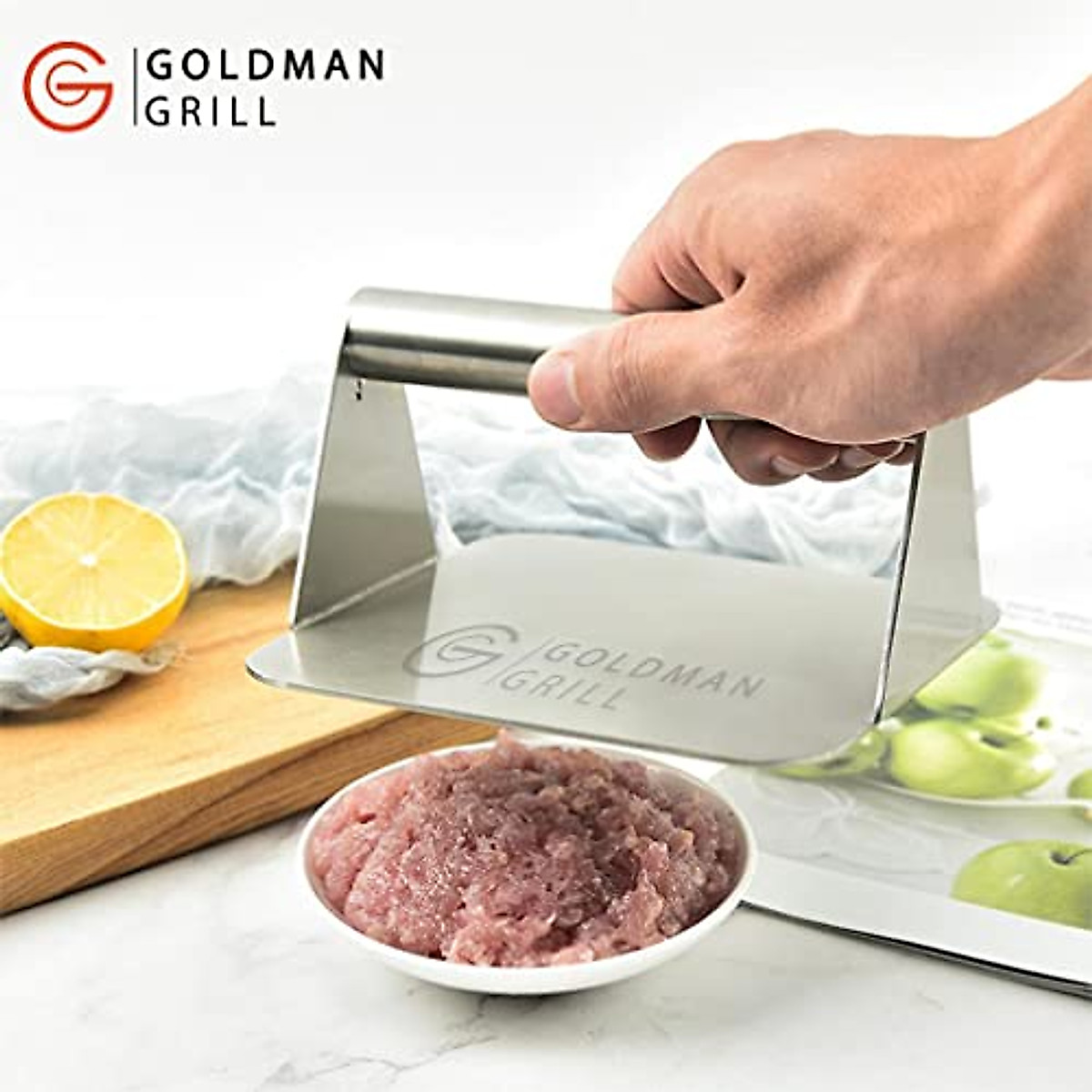 GOLDMAN GRILL Burger Press - Square 5.5inch Stainless Steel Burger Smasher- Perfect Griddle Accessories for Flat Top Grill and Skillet-Nonstick Meat Patty Smasher-Dishwasher Safe